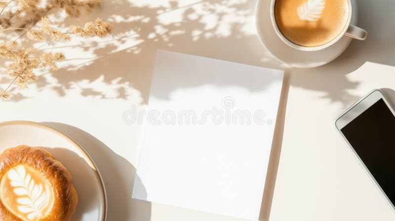 Top View of Blank Event Flyer with Coffee and Pastry on Sunlit Table ...
