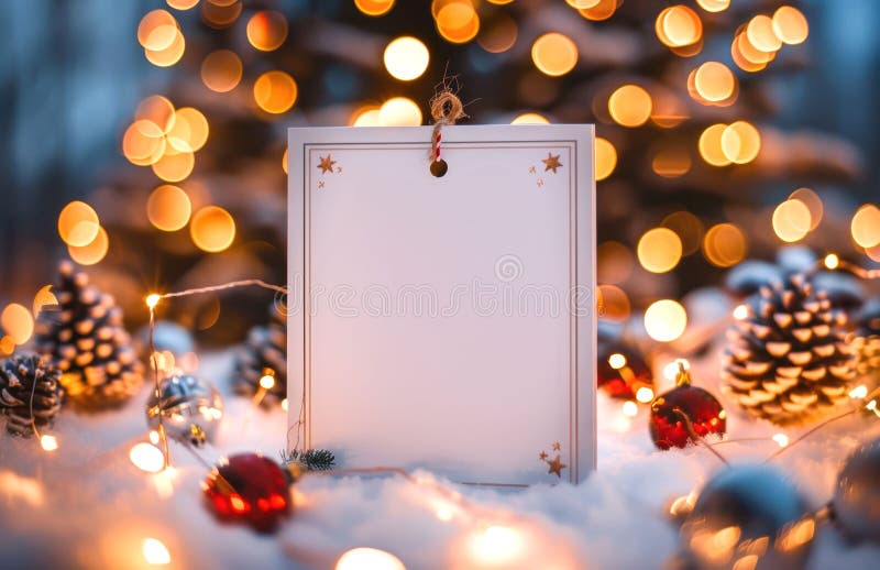 Blank Festive Card Hanging on a String with Holiday Decorations and ...