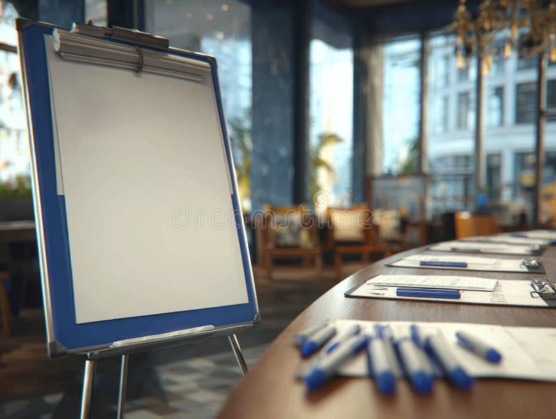 Blank Flip Chart on Stand with Pens and Documents on Table in ...
