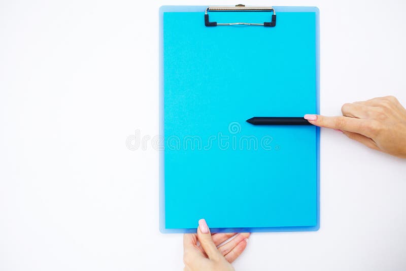 Blank Folder with Blue Paper. Hand that Holding Folder and Pen O Stock ...
