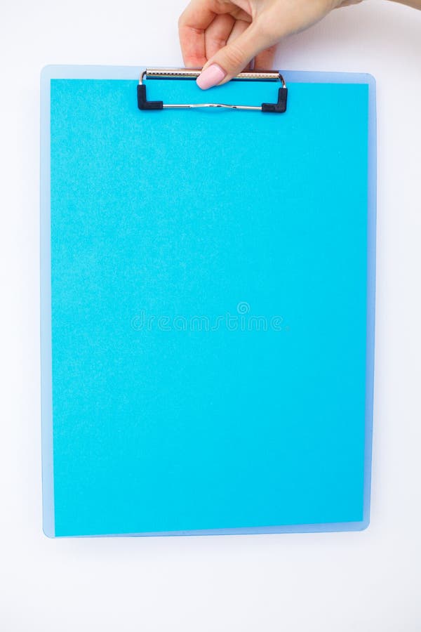 Blank Folder with Blue Paper. Hand that Holding Folder and Pen on White ...