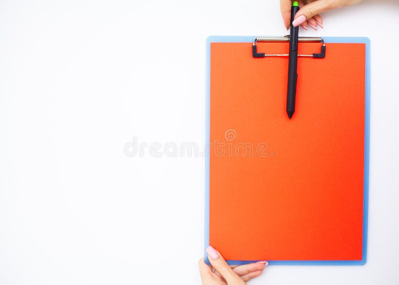 Blank Folder with Red Paper. Hand that Holding Folder and Pen on Stock ...