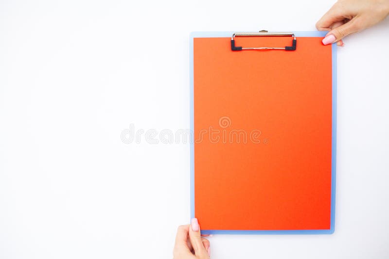 Blank Folder with Red Paper. Hand that Holding Folder and Pen on Stock ...