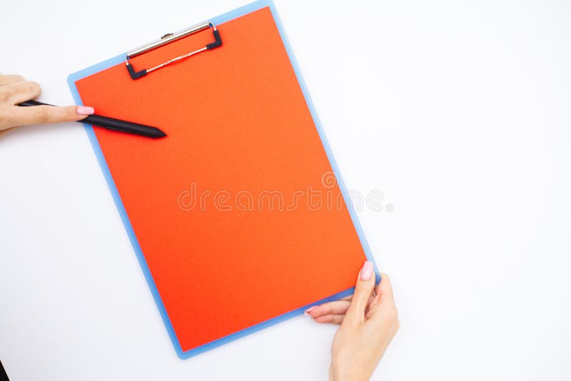Blank Folder with Red Paper. Hand that Holding Folder and Pen on White ...