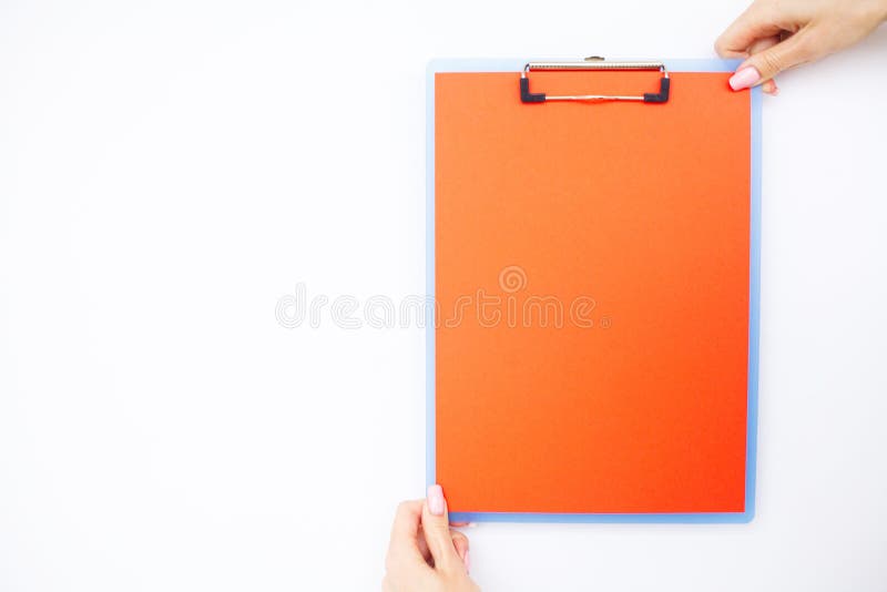 Blank Folder with Red Paper. Hand that Holding Folder and Pen on White ...