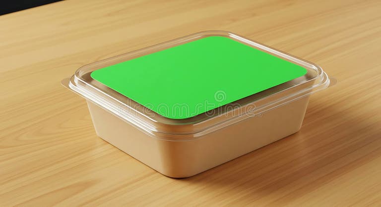 Blank Food Container with Green Screen Label on Wooden Table Stock ...