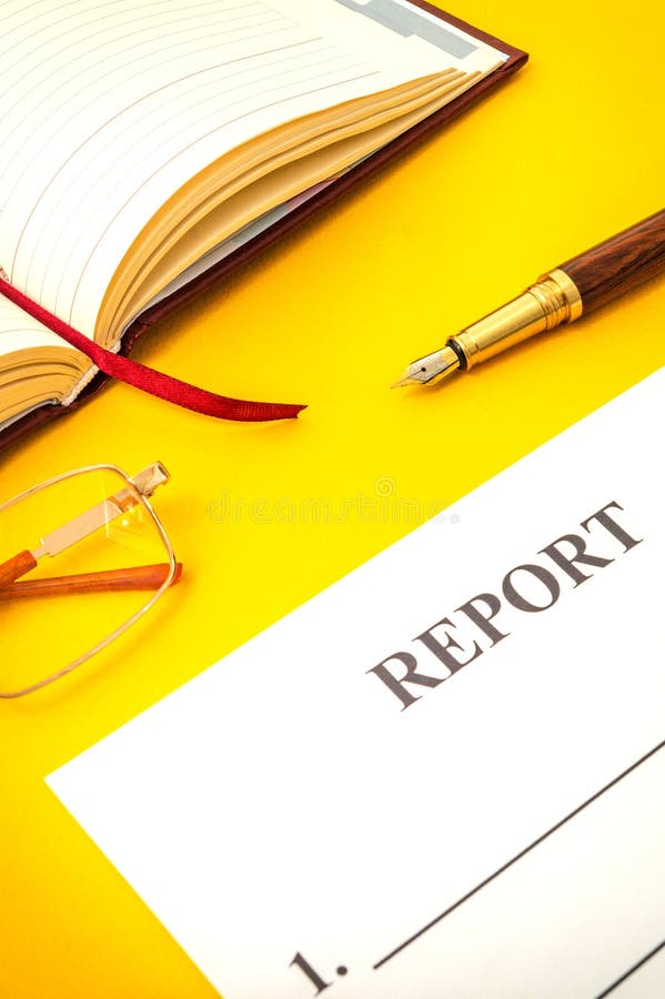 Blank Form, Notepad and Pen for Drawing Up Report on Yellow Table Stock ...