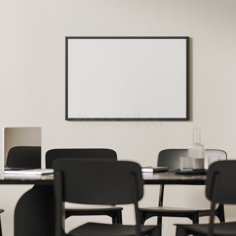 Blank Frame Above Office Conference Table with Laptop and Notebooks, 3d ...