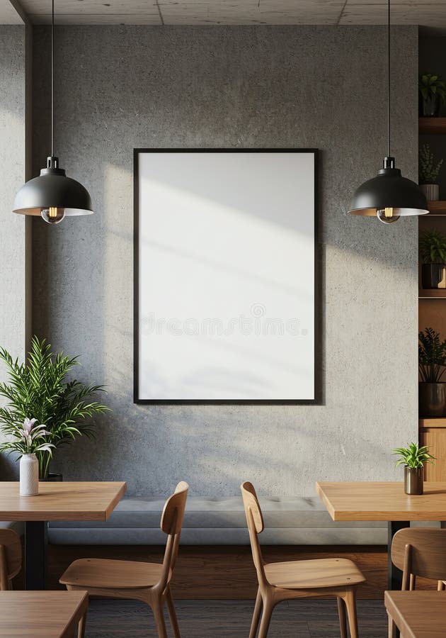Blank Frame on Concrete Wall in Modern Cafe Interior Scene Stock ...