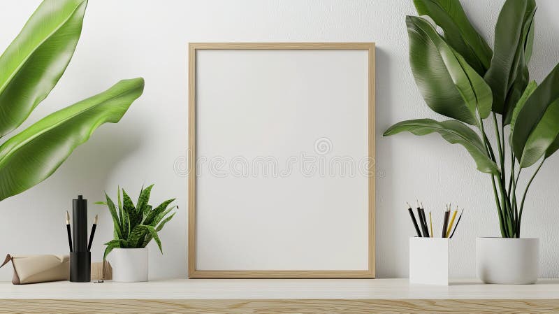 Mockup Frame in a Blank Frame on Desk with Plants, Pencils, and ...