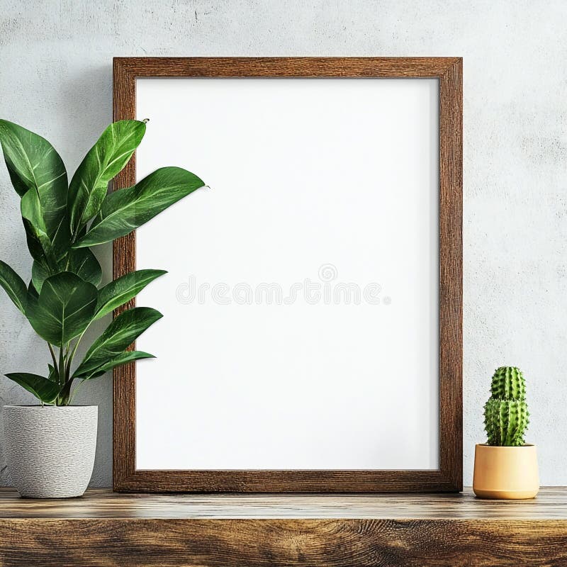 Blank Frame Mockup Rustic Wood Frame with Plants Stock Illustration ...