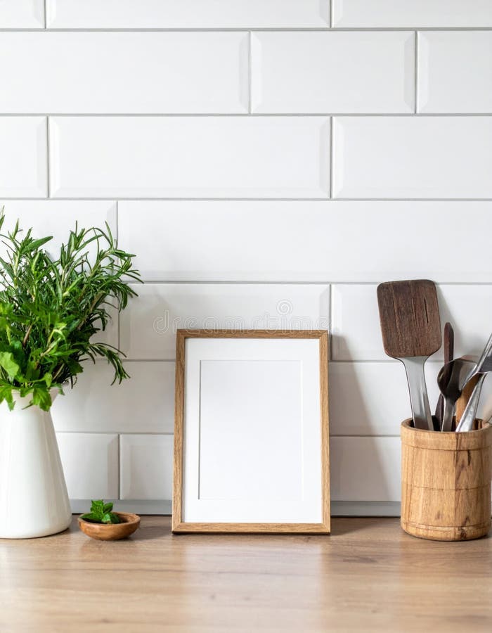Blank Frame Mockup in White Kitchen Setting Stock Illustration ...
