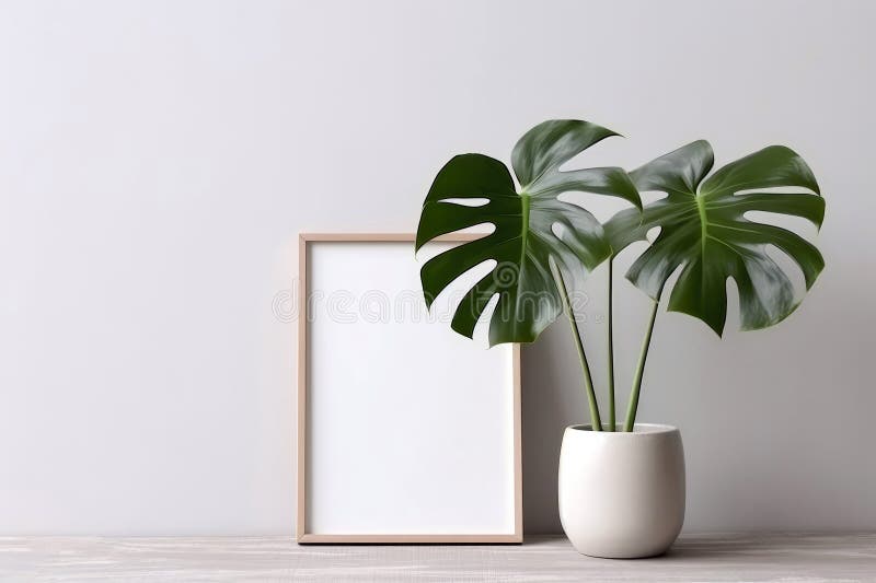 Blank Frame with Monstera in Pot Next To it on White Background ...