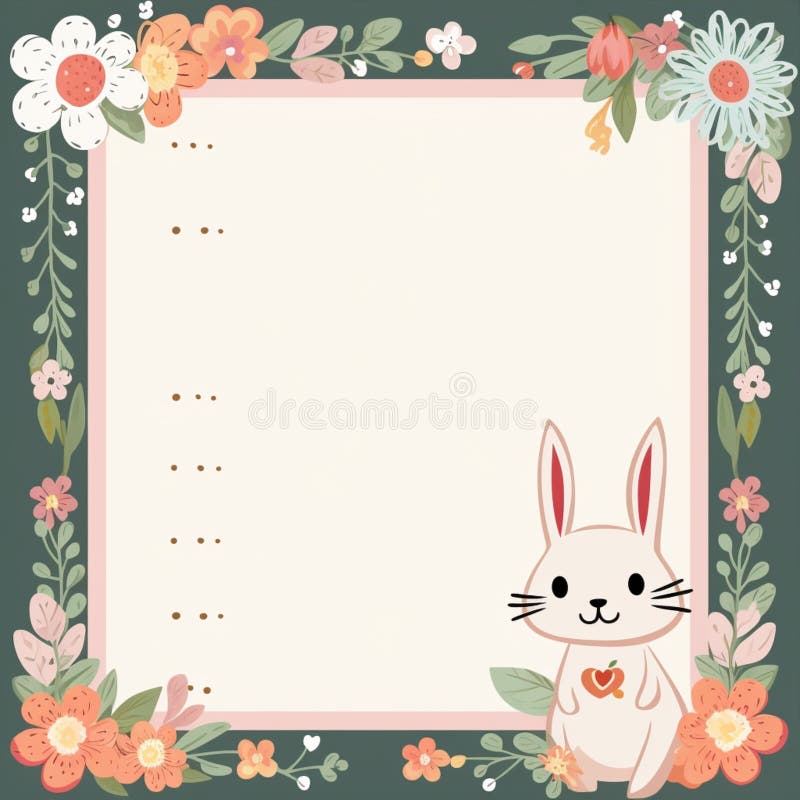 Blank Frame Notepad Pastel Cute Rabbit Cartoon and Flower , Cute Empty ...