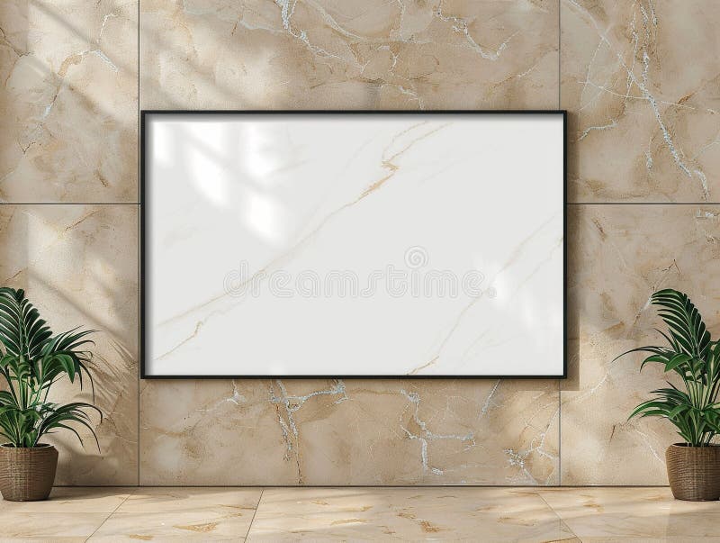 Large Blank Frame Mockup on Ceramic Tiles Wall Background with Plants ...