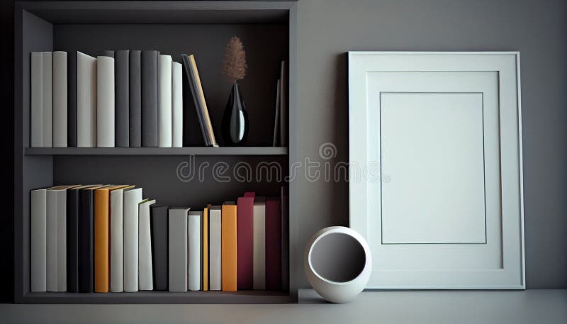 Blank Frame on Shelf among Books in the Living Room. Template for ...