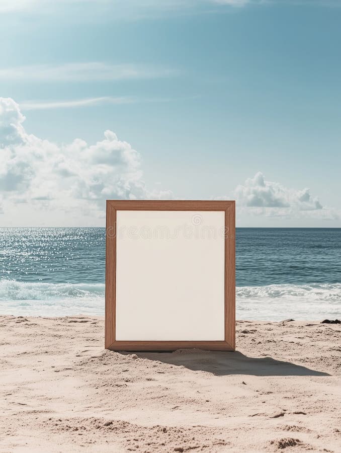 Blank Framed Canvas on Sandy Beach with Ocean Waves and Blue Sky ...