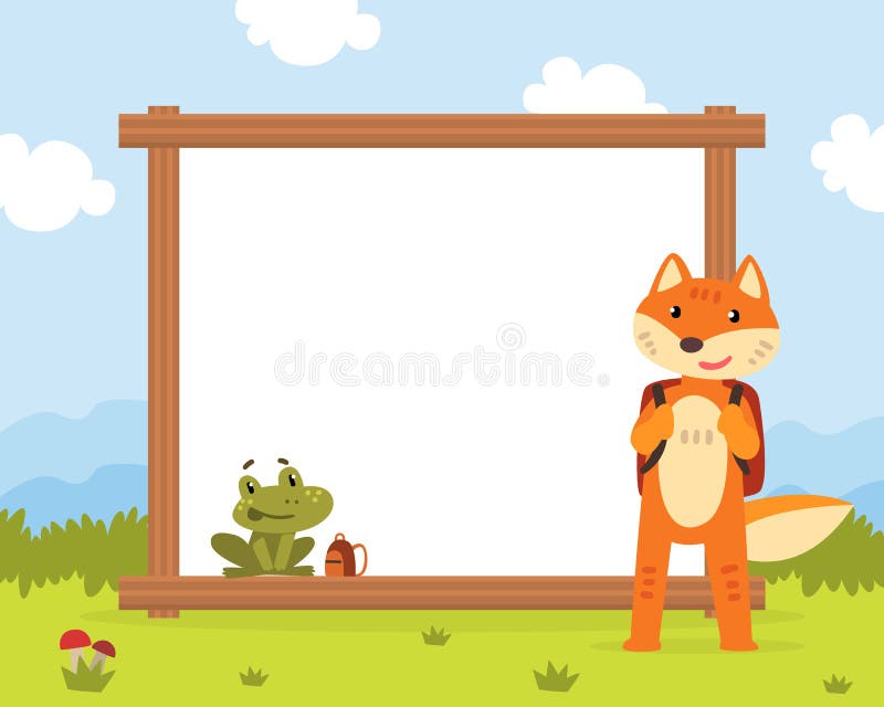 Blank Framed Page or Banner with Cute Fox with Backpack and Frog Animal ...