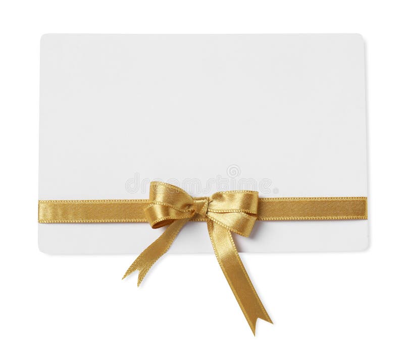 Blank Gift Card with Golden Bow Isolated on White, Top View Stock Photo ...