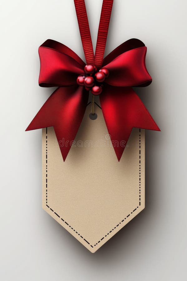 Blank Gift Tag Hanging from Red Ribbon with Bow. Generated by AI Stock ...