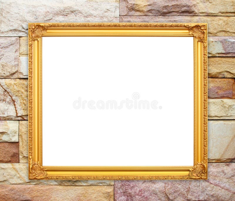 Blank Golden Frame on Brick Stone Wall Stock Image - Image of border ...