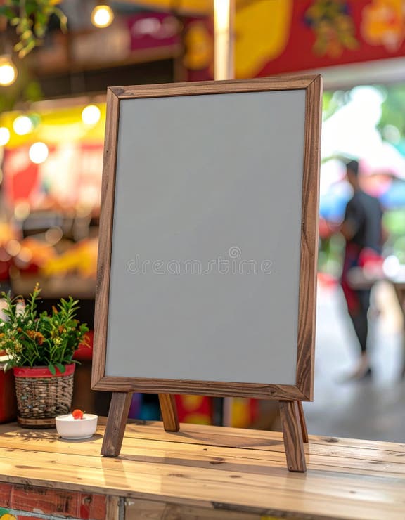 Blank Gray Menu Board with Wooden Frame on Rustic Counter Stock ...