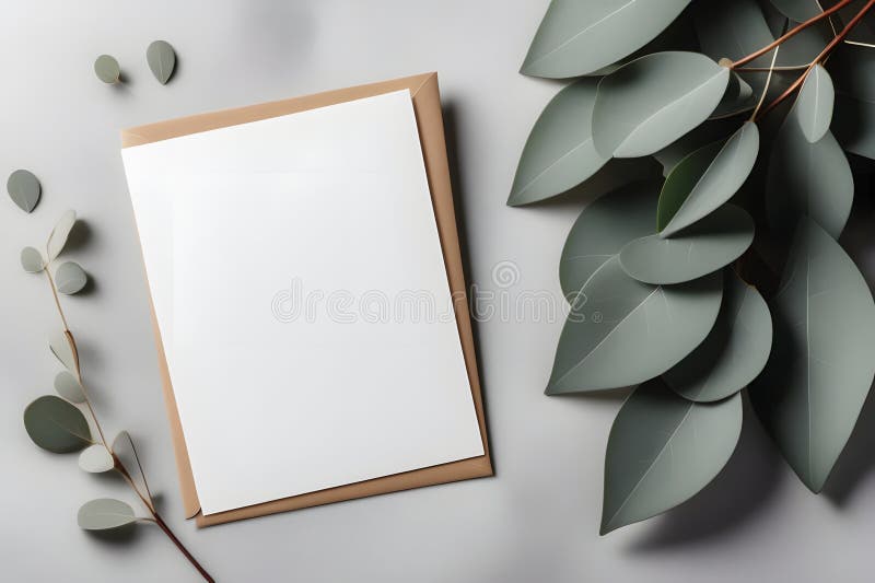 Blank Greeting Card Mockup with Eucalyptus Leaves on a Solid Background ...