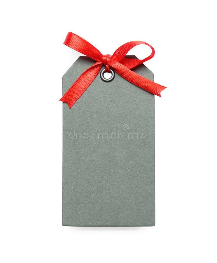 Blank Grey Gift Tag with Red Satin Ribbon on White Background, Top View ...