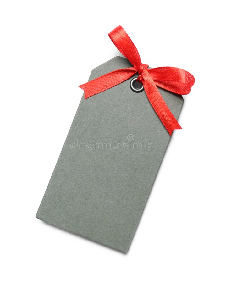 Blank Grey Gift Tag with Red Satin Ribbon on White Background, Top View ...
