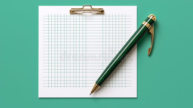 Blank Grid Notepad, Pen on Clipboard, Green Background, for Notes Lists ...