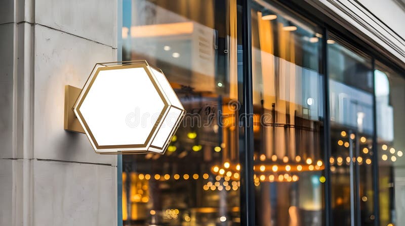 Blank Hexagon Signboard on Building Exterior with Bokeh Lights Stock ...