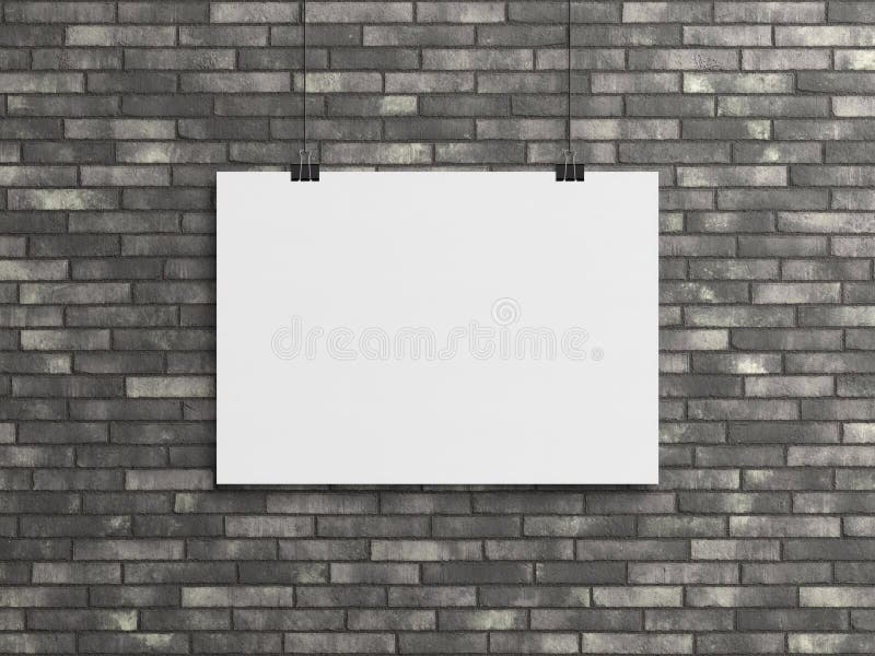 Blank Horizontal Poster Hanging with Clips on a White Wall Mockup. 3D ...