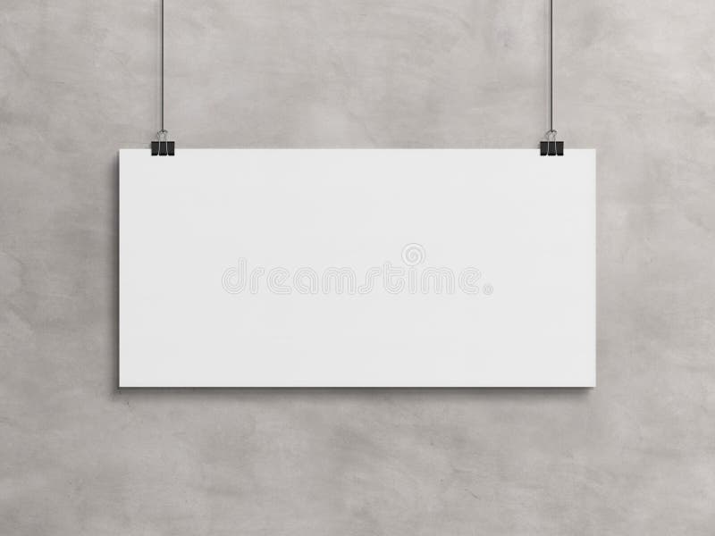 Blank Horizontal Poster Hanging with Clips on a Concrete Wall Mockup ...