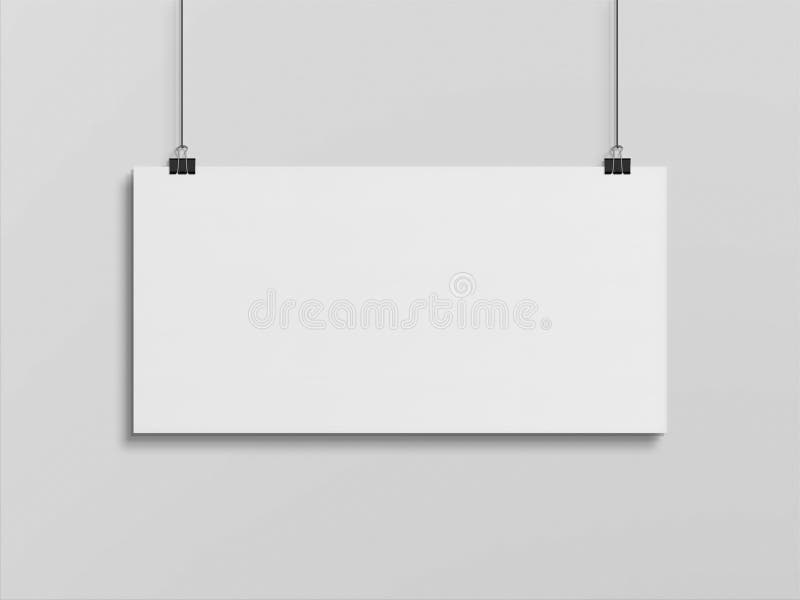 Blank Horizontal Poster Hanging with Clips on a White Wall Mockup. 3D ...