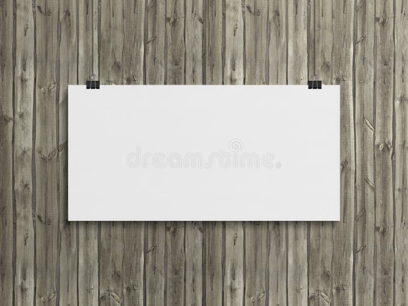 Blank Horizontal Poster Hanging with Clips on a Wood Wall Mockup. 3D ...