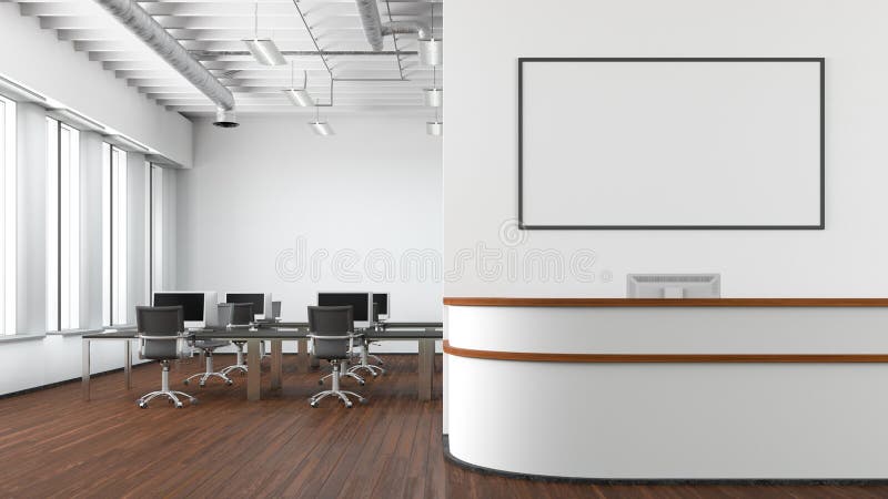 Blank Horizontal Poster Mock Up on the Wall Above Office Reception Desk ...