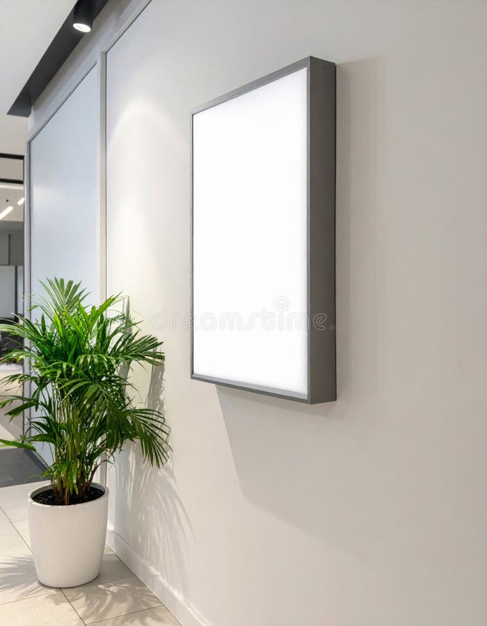 Blank Illuminated Sign in Modern Office Hallway Stock Illustration ...
