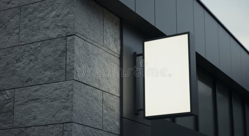 Blank Illuminated Signboard on Modern Stone and Metal Facade Stock ...