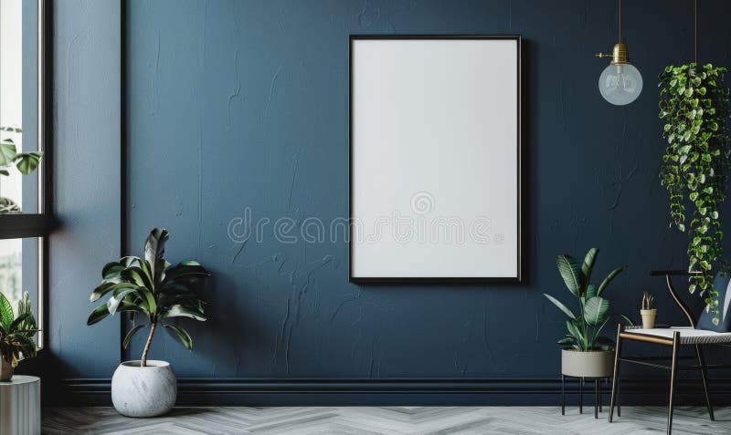 A Blank Image Frame Mockup on a Slate Blue Wall Stock Photo - Image of ...