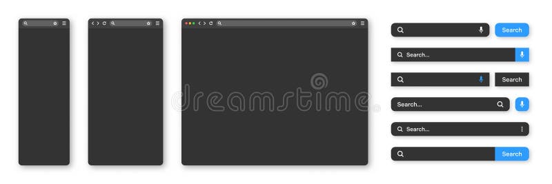 Various Search Bar Templates, Dark Mode. Internet Browser Engine with ...