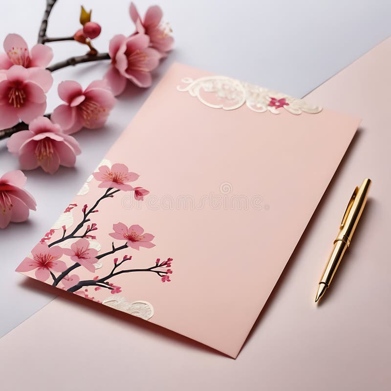 Blank Invitation Card Greeting Card with Sakura Flower beside the Paper ...