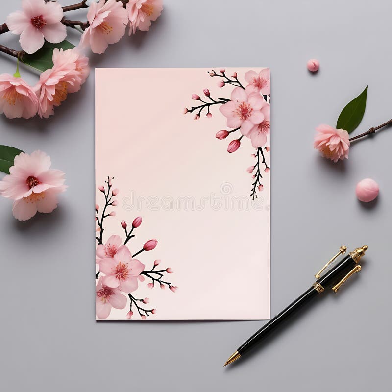 Blank Invitation Card Greeting Card with Sakura Flower beside the Paper ...