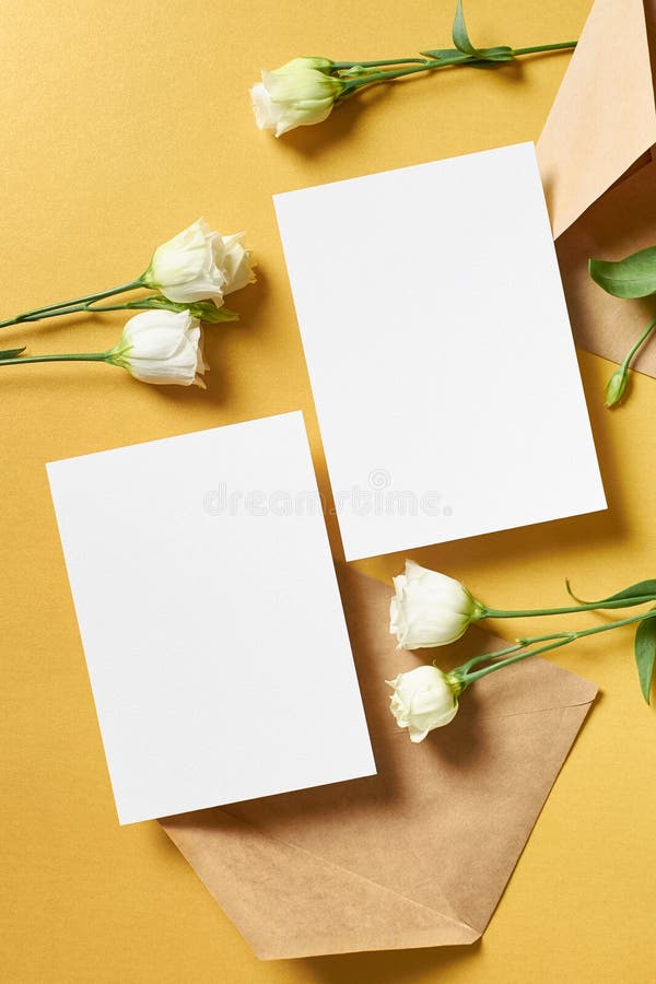 Blank Invitation Card Mockup with Envelope and Flowers, Front and Back ...