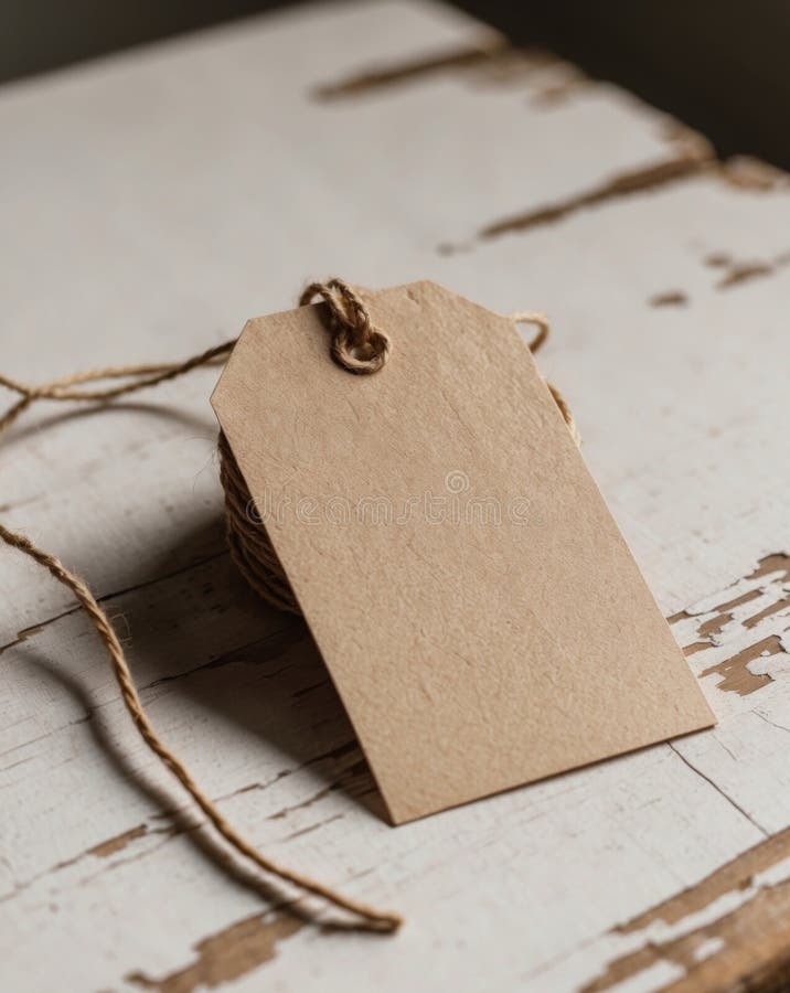 Blank Kraft Paper Tag with Rustic String Loop Resting on Weathered Wood ...