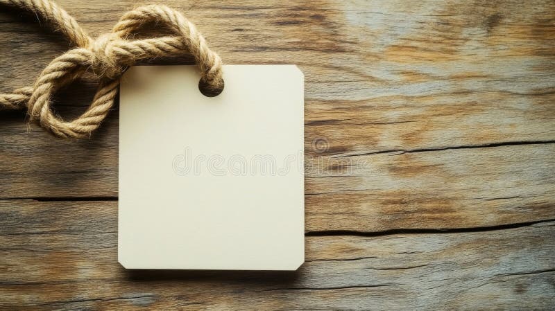 Blank Kraft Paper Tag Tied with Rope on Rustic Wood Background Stock ...