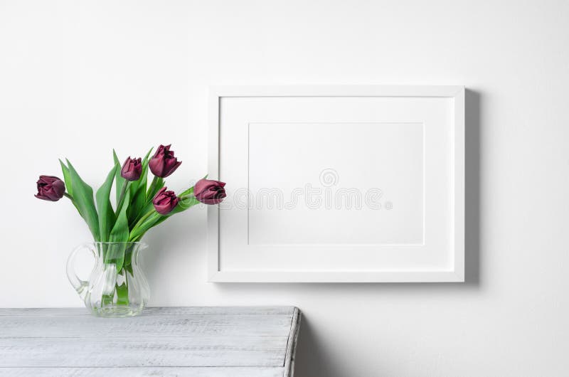 Blank Landscape Art Frame Mockup with Tulips Flowers Over White Wall ...