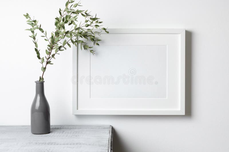 Blank Landscape Frame Mockup with Eucalyptus Twig Over White Wall Stock ...