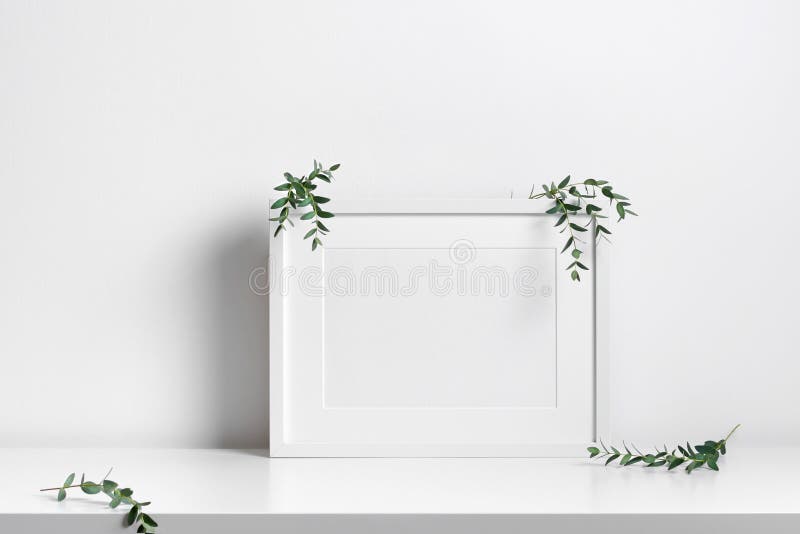 Blank Landscape Frame Mockup in White Scandinavian Room Interior with ...
