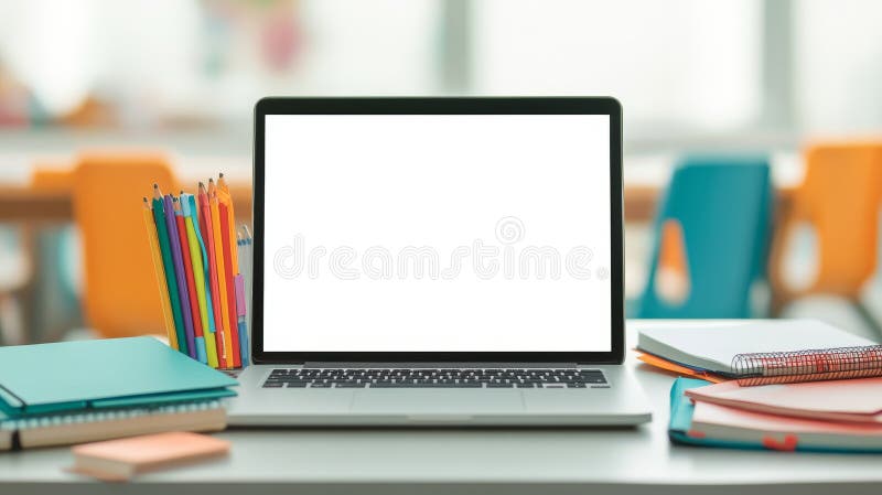 Blank Laptop Screen with Colorful Pencils and Notebooks, Online Education, Back To School Online ...