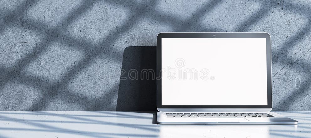 Blank Laptop Screen Mockup on Light Table with Concrete Wall Background ...